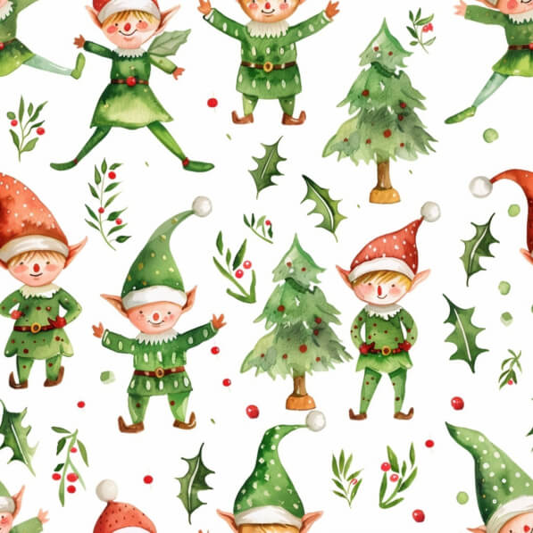 Download Festive Elves and Holly Berries Seamless Pattern Patterns ...