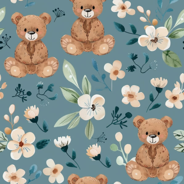 Download Brown Teddy Bear Seamless Pattern with Flowers and Leaves ...