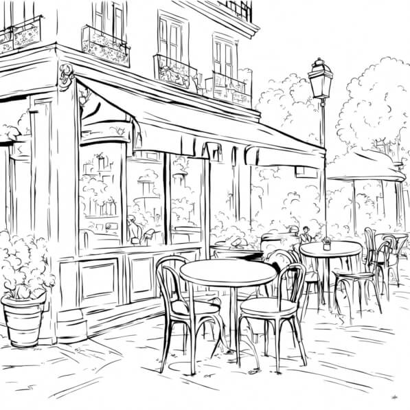Download Sketch of an Outdoor Cafe with People Dining Coloring pages ...