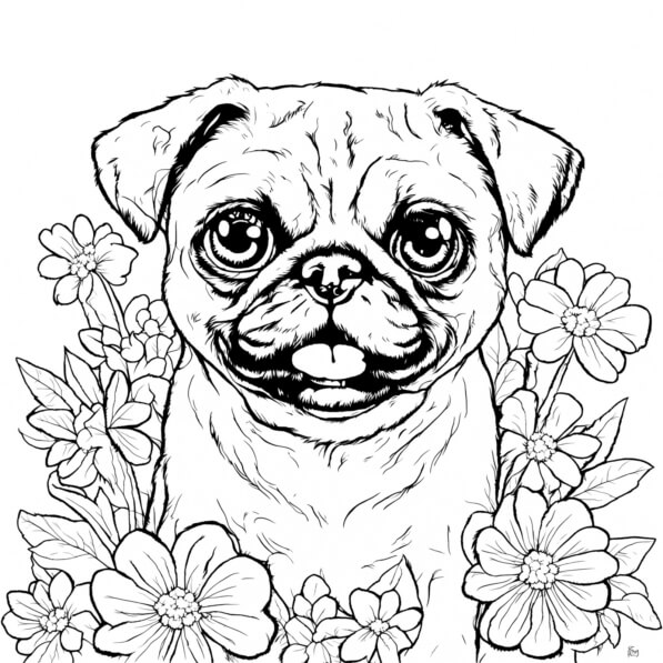 Download Pug Dog Coloring Page with Flowers Coloring pages Online ...