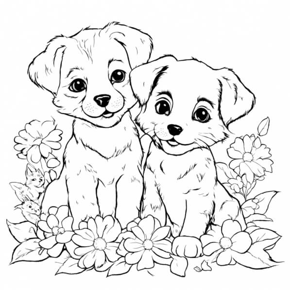 Download Two Cute Puppies in Flower Bed Coloring Page Coloring pages ...