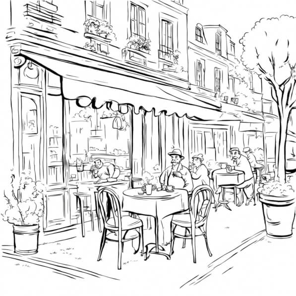 Pobierz narzędzie Czarno-biały rysunek sceny kawiarni Kolorowanki ...