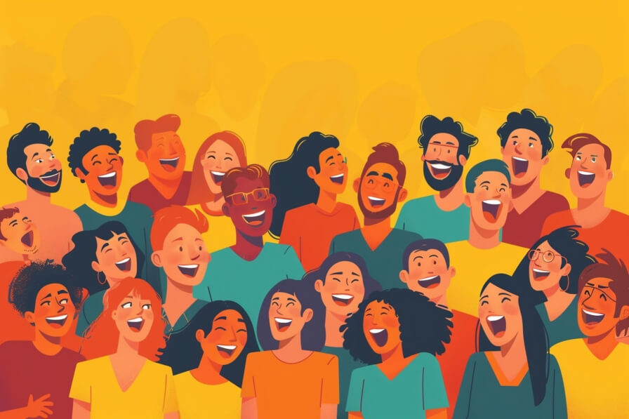 Download Groep mensen die glimlachen en lachen voor een oranje ...