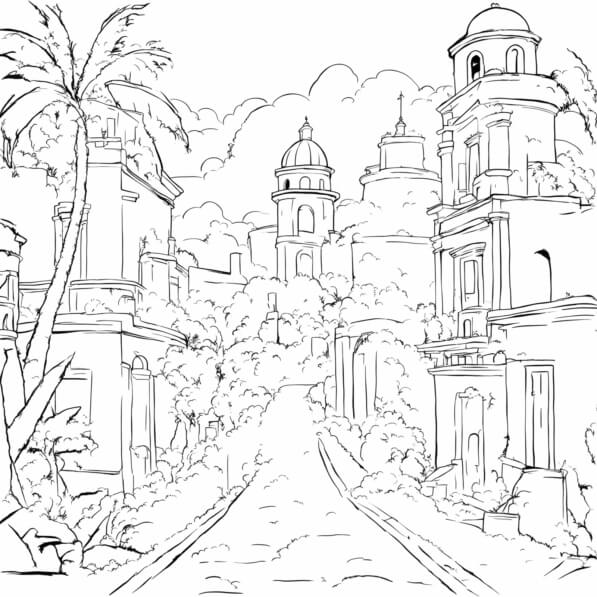 Download Street Scene with Buildings and Palm Trees Coloring pages ...