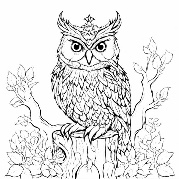 Download Owl on Tree Stump with Flowers Coloring pages Online ...