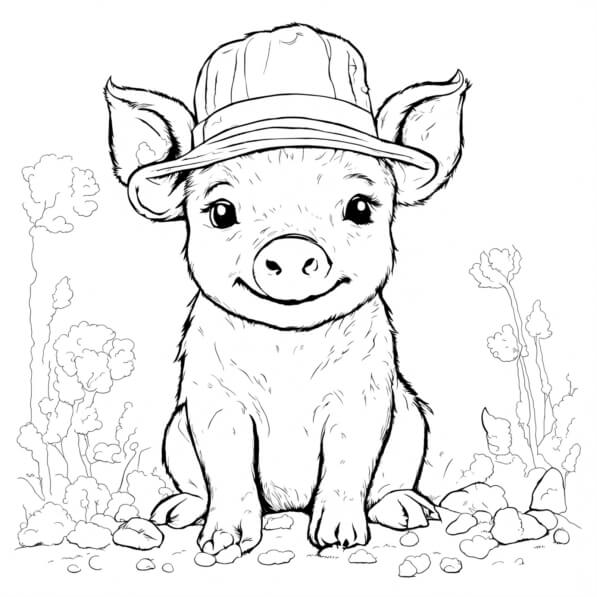 Download Cute Pig with Hat Sitting in Front of Flowers Coloring pages ...