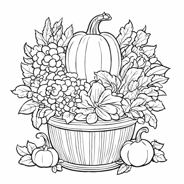 Download Fall-themed Coloring Page with Flowers, Pumpkins, and Leaves ...