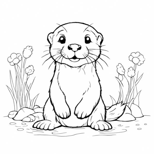 Download Cute Otter Coloring Page with Flowers and Grasses Coloring ...