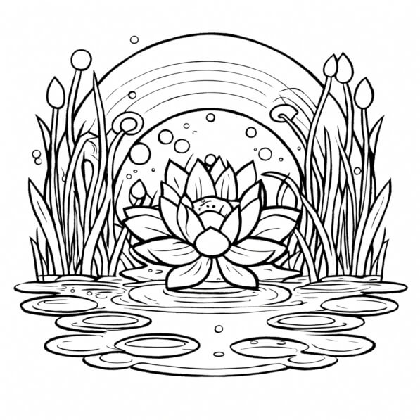 Download Lotus Flower in Pond with Rainbows and Reeds Coloring Page ...