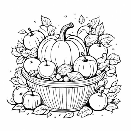 Download Autumn Coloring Page: Basket with Apples, Pumpkins, and Nuts ...