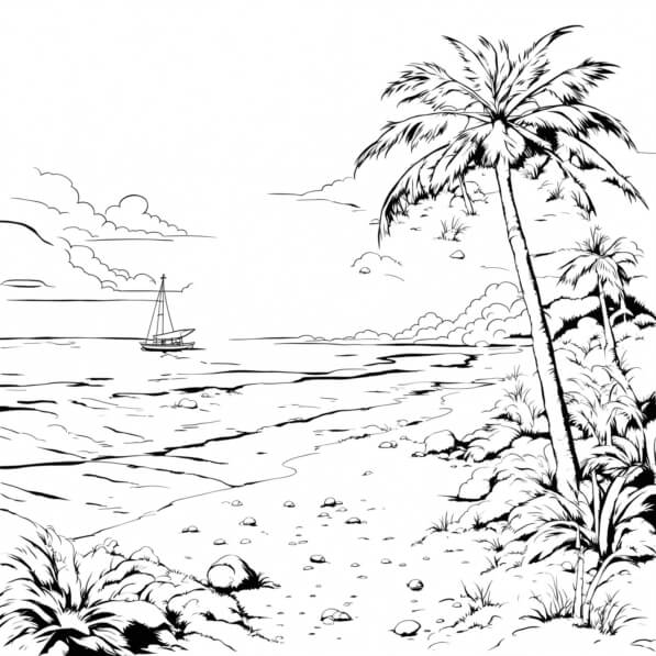 Download Tropical Beach Scene Coloring pages Online - Creative Fabrica