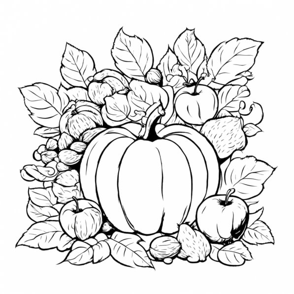 Download Fall-Themed Coloring Page with Pumpkin, Apples, and Leaves ...