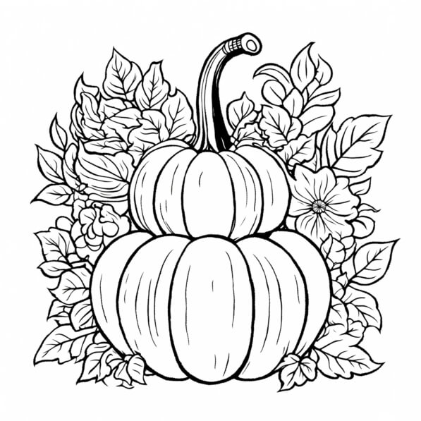 Download Fall Pumpkin Coloring Page with Flowers and Leaves Coloring ...