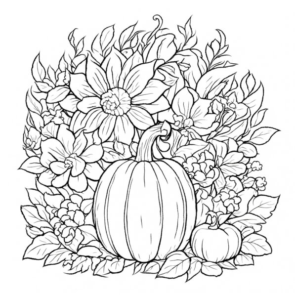 Download Autumn-Themed Coloring Page with Pumpkin, Flowers, and Leaves ...