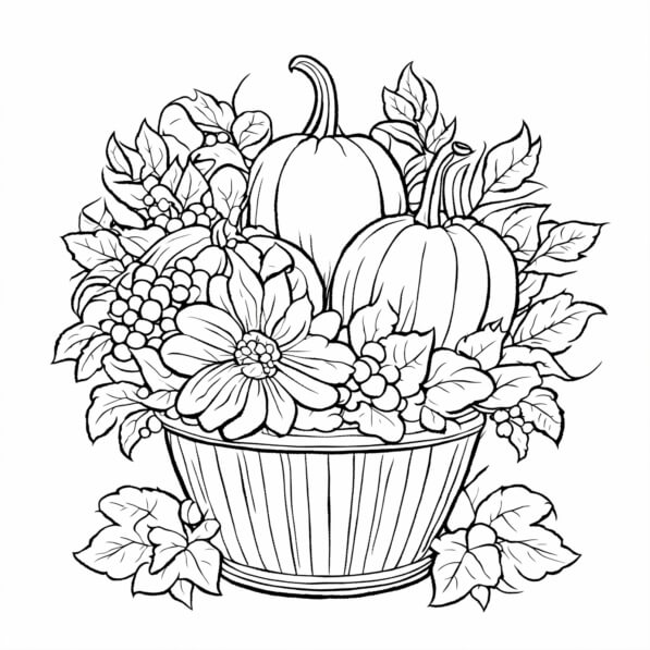 Download Fall Coloring Page with Pumpkins, Flowers, and Leaves Coloring ...