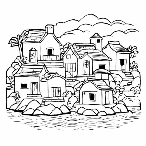 Baixe Desenho em Preto e Branco de uma Vila com Casas Perto da Água ...