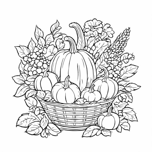 Download Cozy Fall Coloring Page with Pumpkins, Flowers, and Leaves ...
