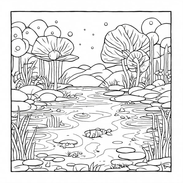 Download Nature Coloring Page: Pond, Trees, and Fishes Coloring pages ...