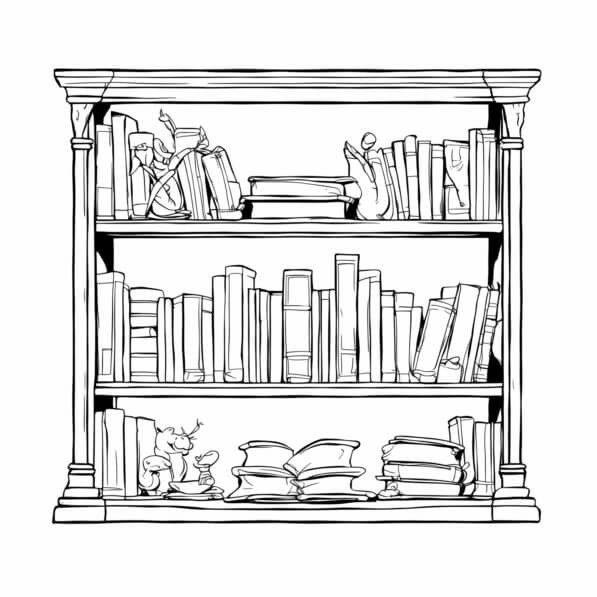 Download Black and White Drawing of Bookcase with Books and Figurines ...