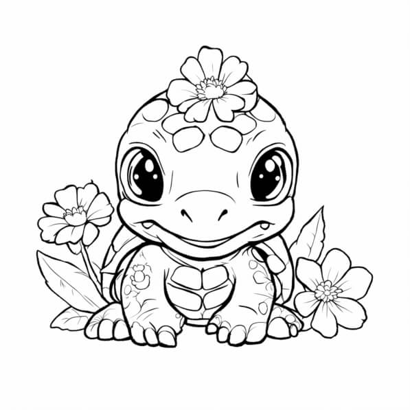 Download Baby Turtle Coloring Page with Flowers and Butterflies ...