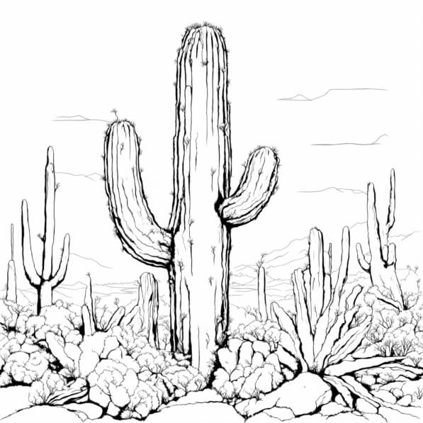Download Cactus in the Desert Coloring pages Online - Creative Fabrica