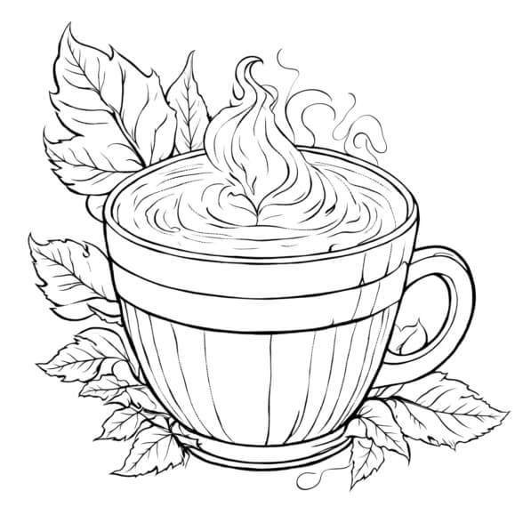 Download Hot Coffee with Leaves Coloring pages Online - Creative Fabrica
