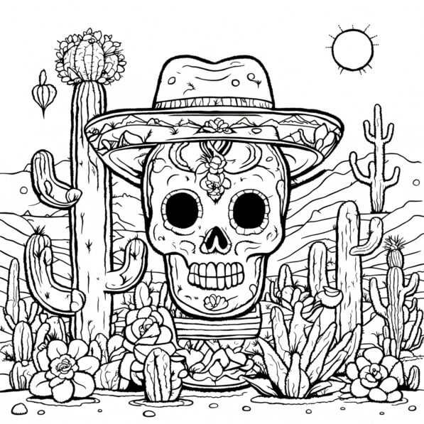 Scarica Pagina da colorare con teschio messicano con sombrero e cactus ...