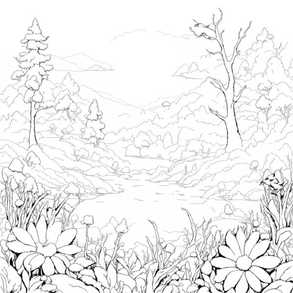 Download Serene Landscape with Flowers and Trees Coloring pages Online ...