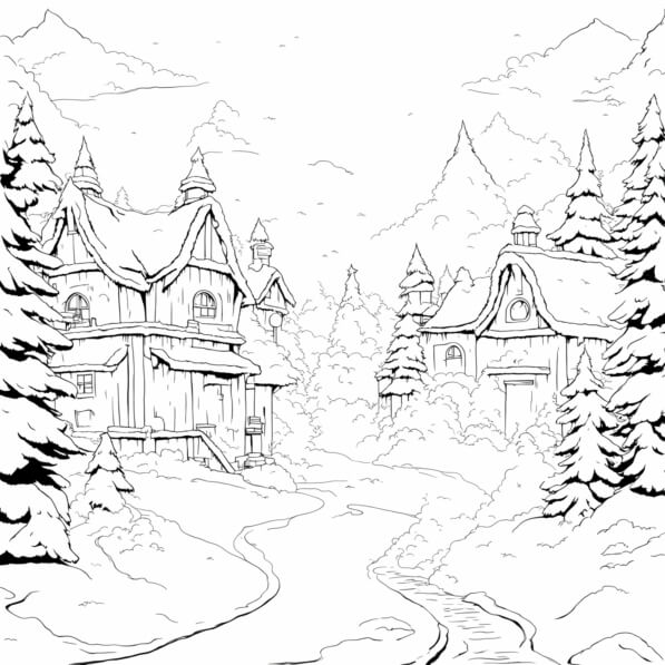 Download Idyllic Winter Scene Coloring pages Online - Creative Fabrica