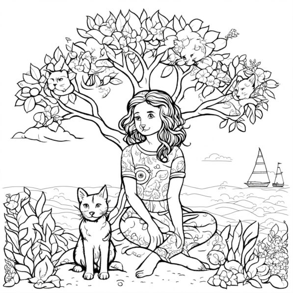 Download Girl Sitting Under Tree with Cat Coloring pages Online ...