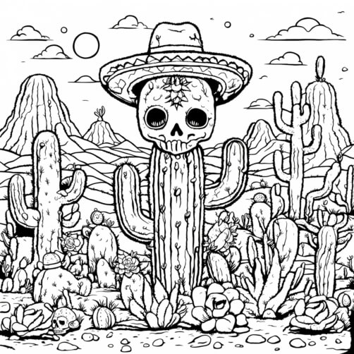 Download Mexican Coloring Page with Cactus and Hat Coloring pages ...