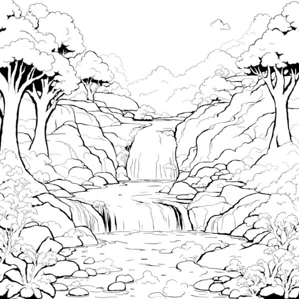 Download Serene Waterfall in Forest Coloring pages Online - Creative ...