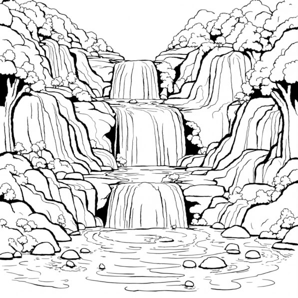Download Nature Coloring Page with Waterfalls, Trees, and Rocks ...