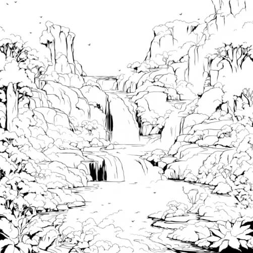 Download Black and White Drawing of a Forest Waterfall Coloring pages ...