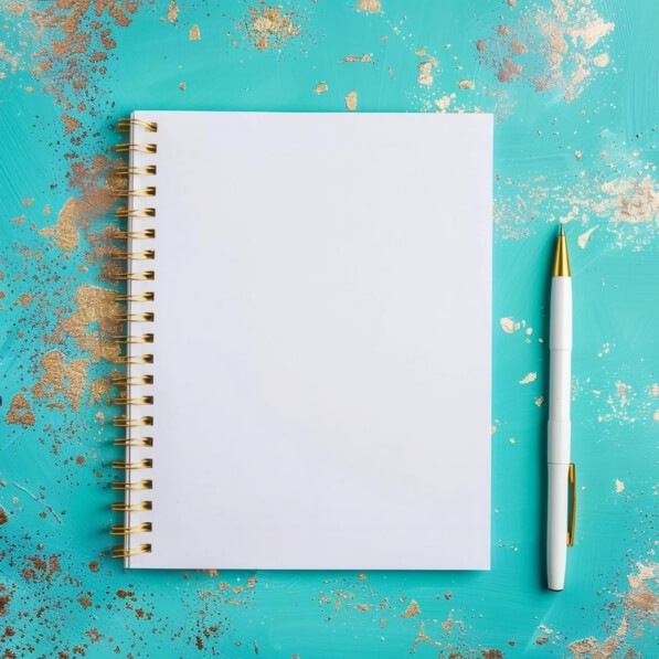 Scarica Quaderno bianco e penna dorata su sfondo turchese Mockups ...