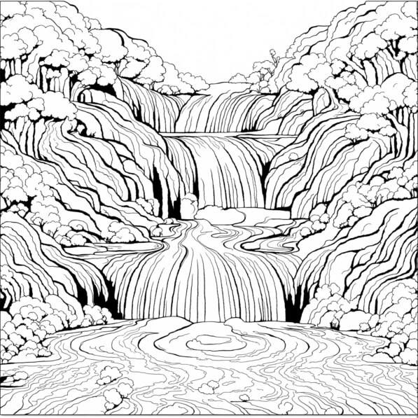 Download Black and White Waterfall in the Forest Coloring pages Online ...