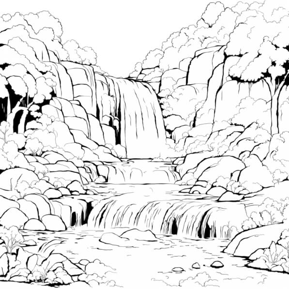 Download Waterfall in the Forest Coloring pages Online - Creative Fabrica