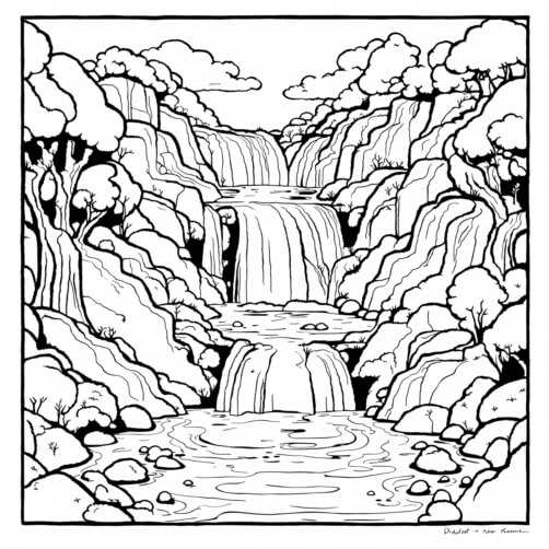 Download Black and White Waterfall Coloring Page in the Forest Coloring ...
