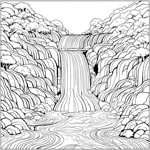Download Black and White Waterfall Coloring Page in the Forest Coloring ...