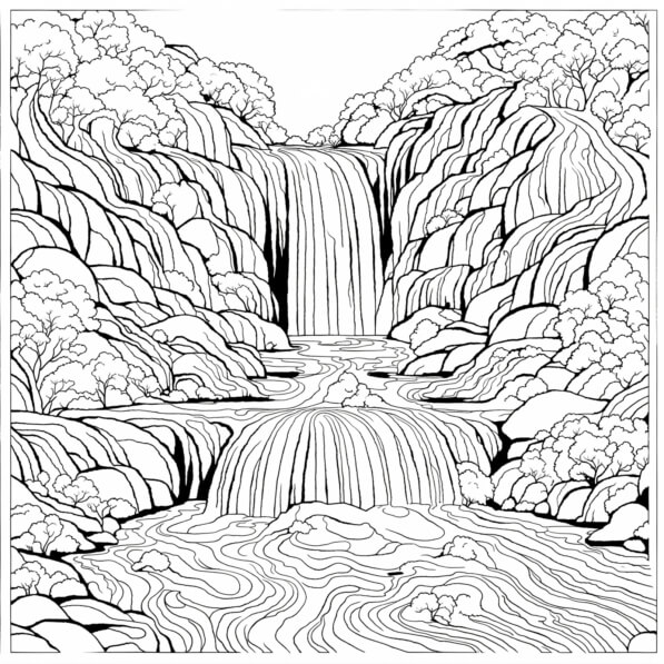 Descarga Página para Colorear en Blanco y Negro: Cascadas en un Bosque ...