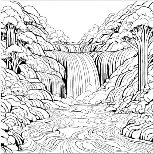 Download Black and White Waterfall Coloring Page in the Forest Coloring ...
