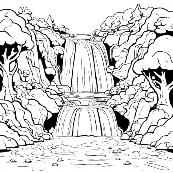 Download Black and White Waterfall Coloring Page in the Forest Coloring ...