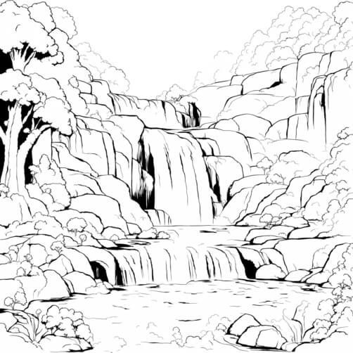 Download Black and White Waterfall Coloring Page in the Forest Coloring ...