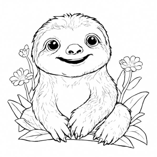 Download Sloth Coloring Page with Flowers and Leaves Coloring pages ...