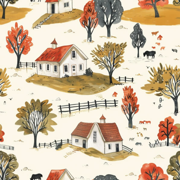 Download Seamless Farm Pattern with Houses, Trees, Cows, and Fences ...