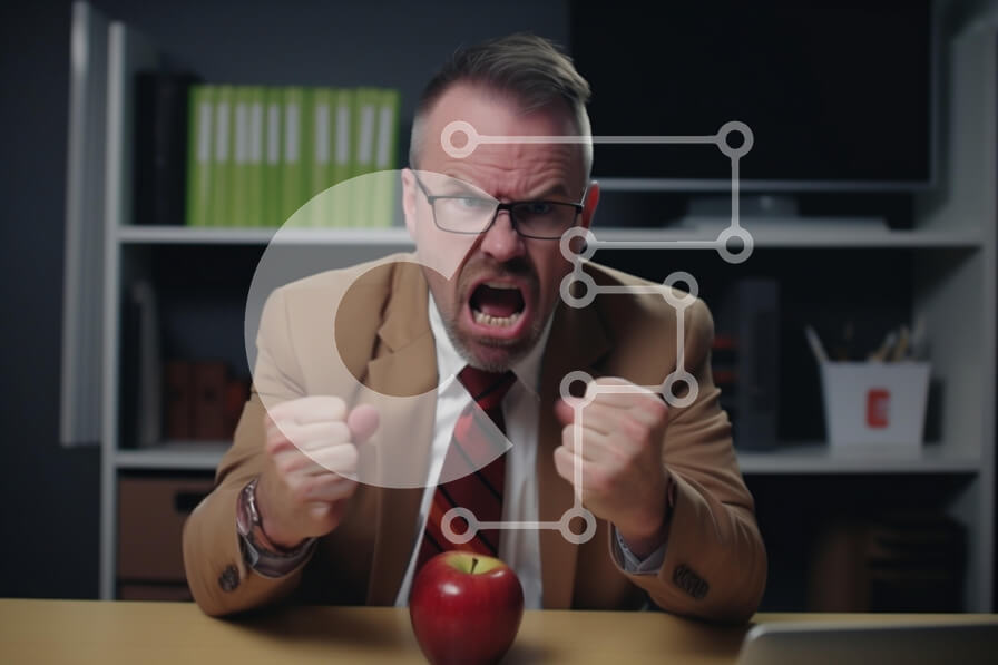 Download Angry Man at Desk with Apple Stockphotos Online - Creative Fabrica
