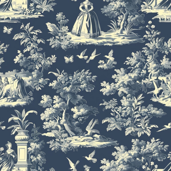 Download Blue and White Toile Pattern with Birds, Flowers, Trees, and ...