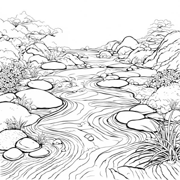 Scarica Disegno in bianco e nero di un fiume con rocce e alberi Pagine ...