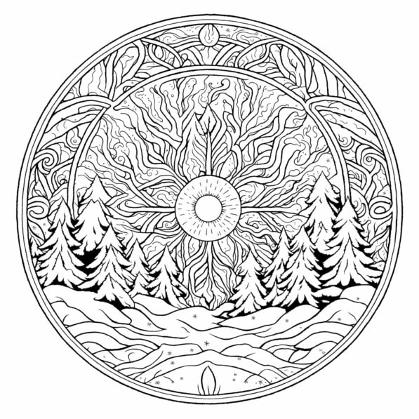 Download Adult Coloring Page with Sun and Trees Coloring pages Online ...