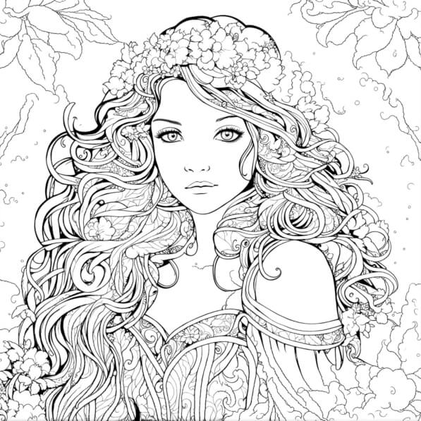 Download Floral Adult Coloring Page featuring a Woman with Long Curly ...